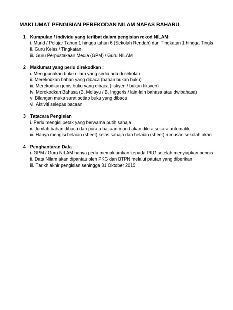 SK Lebir Borang Rekod Bacaan Nilam 2020 | PDF