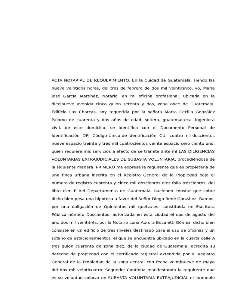 Acta Notarial de Requerimiento Subasta Voluntaria | PDF | Guatemala ...