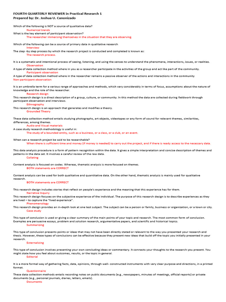 Pr1 4th Quarter Reviewer | PDF | Sampling (Statistics) | Methodology