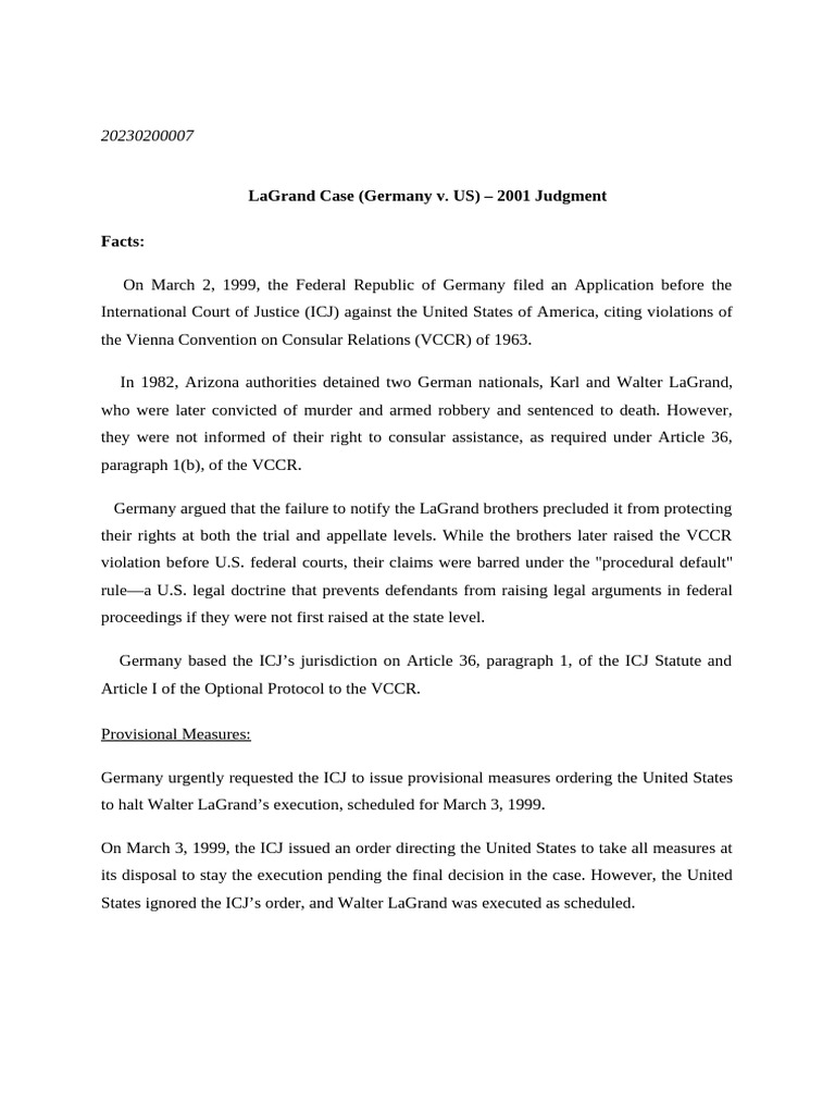 LaGrand Case (Germany v. US) - 2001 Judgment | PDF | Justice | Crime ...