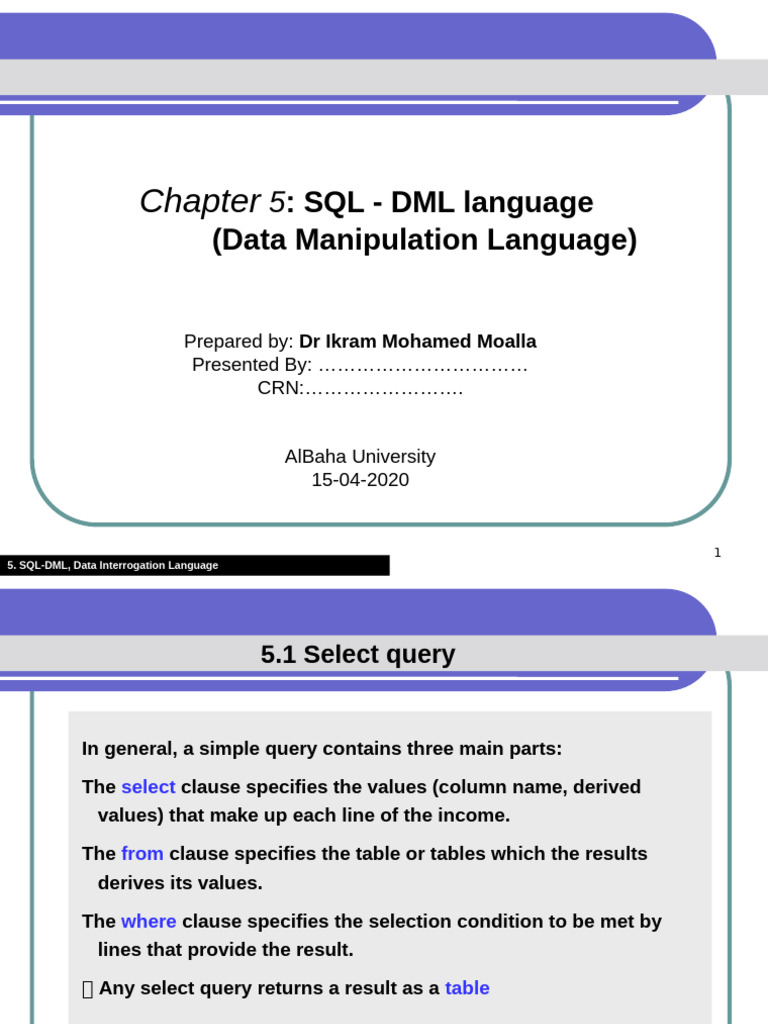 05 The SQL DML Language 15-04-2020 | PDF | Data Management | Databases