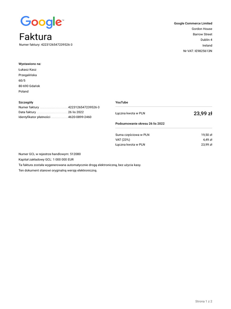 Faktura: Google Commerce Limited | PDF