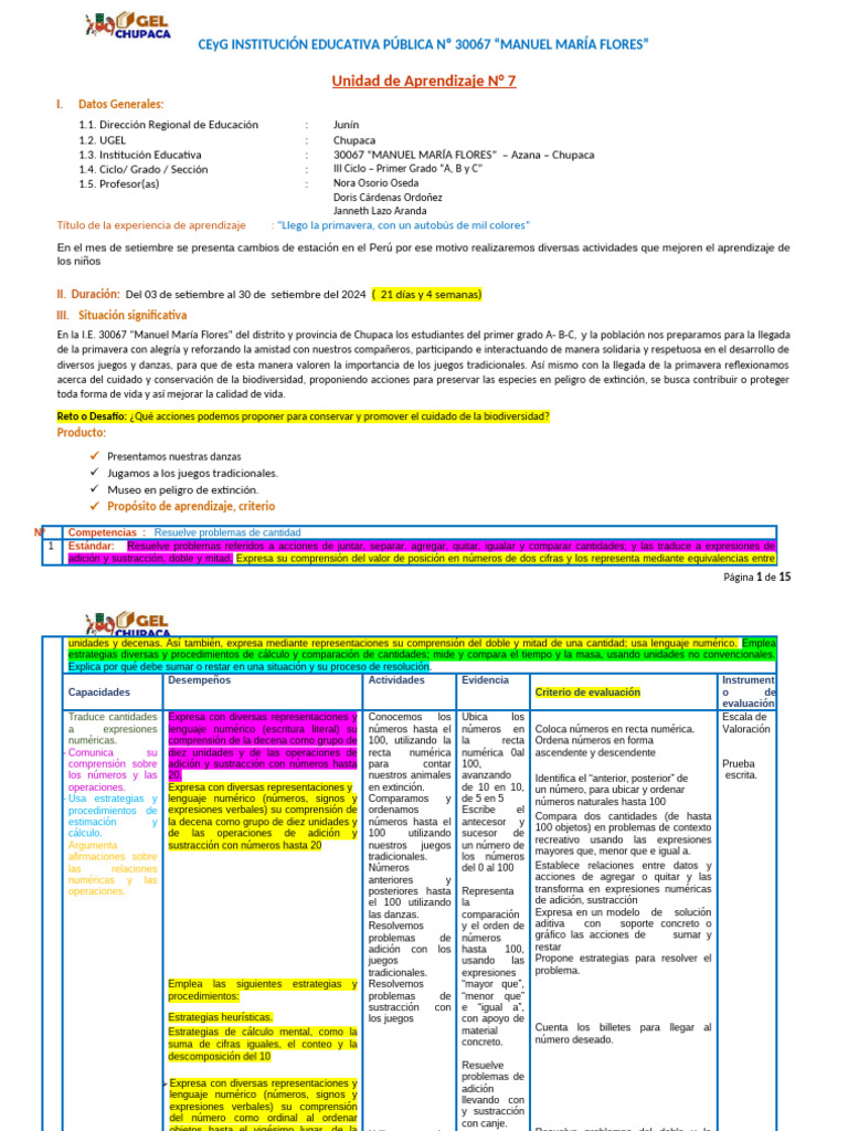 Unidad de Aprendizaje 7 SETIEMBRE - PRIMER GRADO A, B y C | PDF | Sustracción | Evaluación