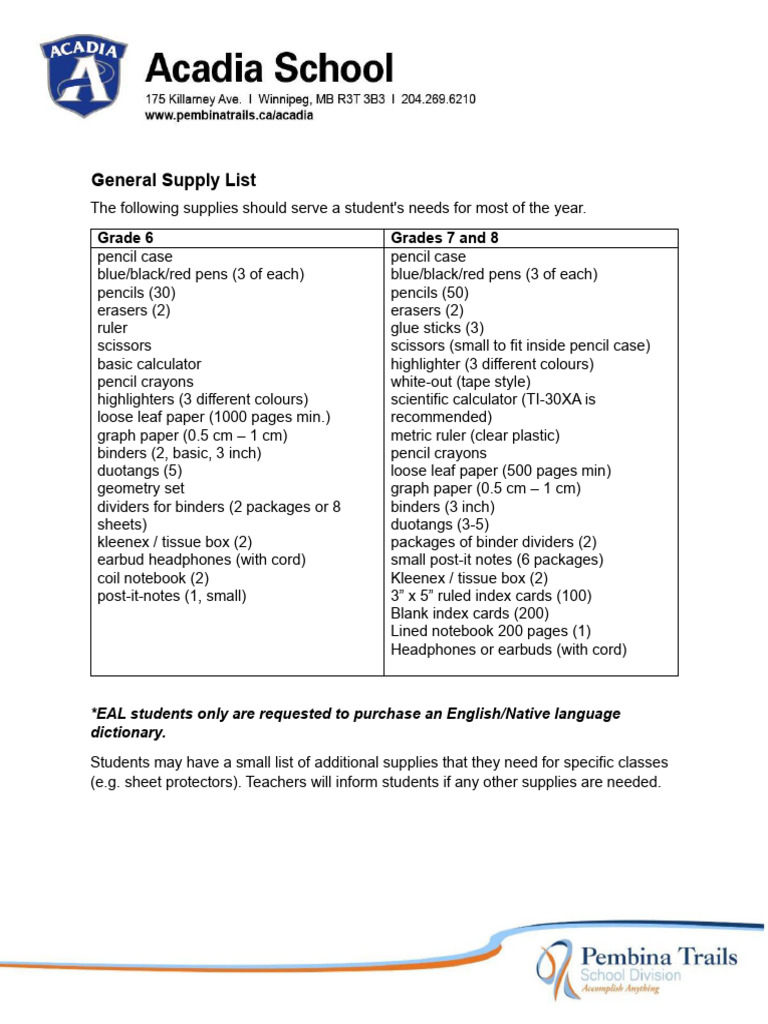 Essential School Supplies for Grades 6-8 | PDF