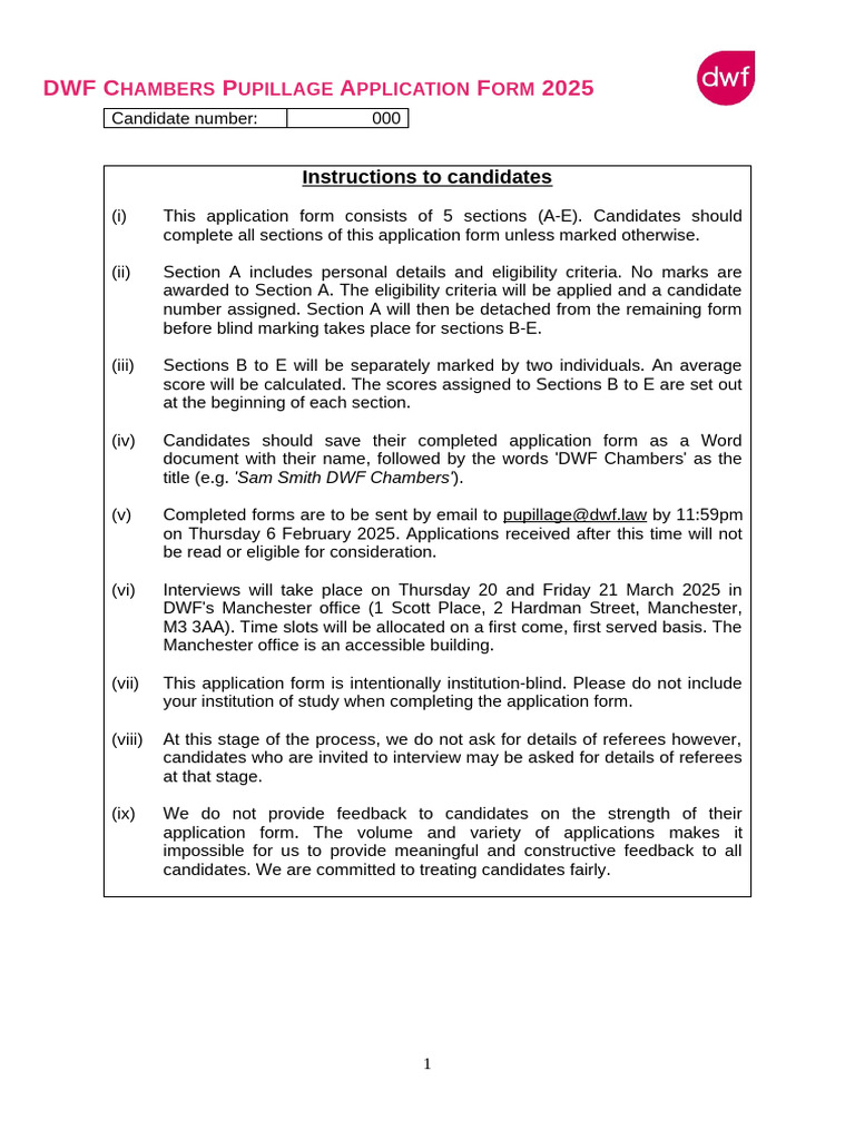 DWF Chambers Pupillage Application 2025 | PDF