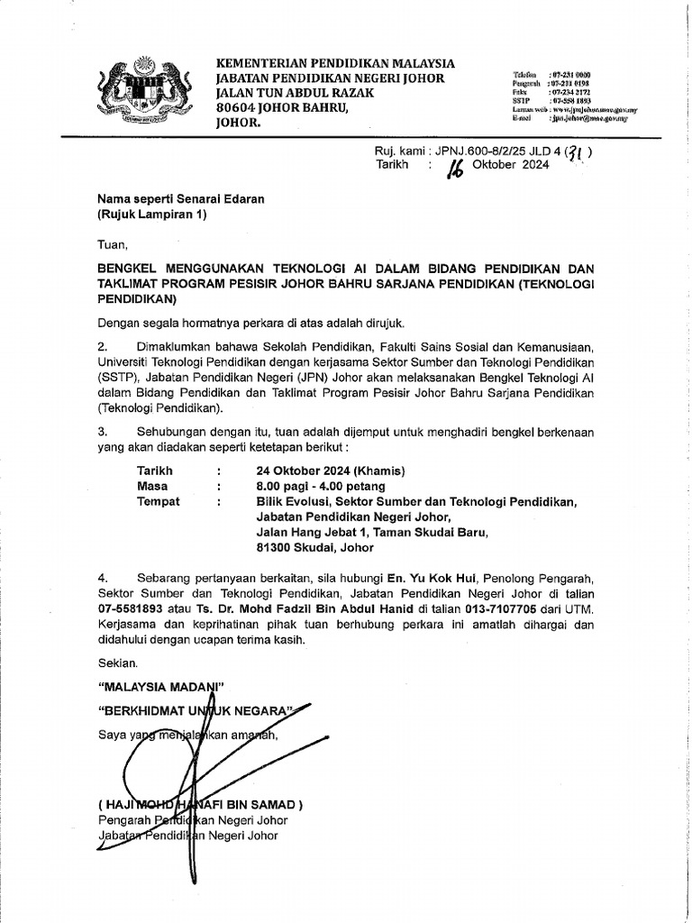 Surat JPN Johor Bengkel Teknologi AI Pendidikan UTM - SIGNED | PDF