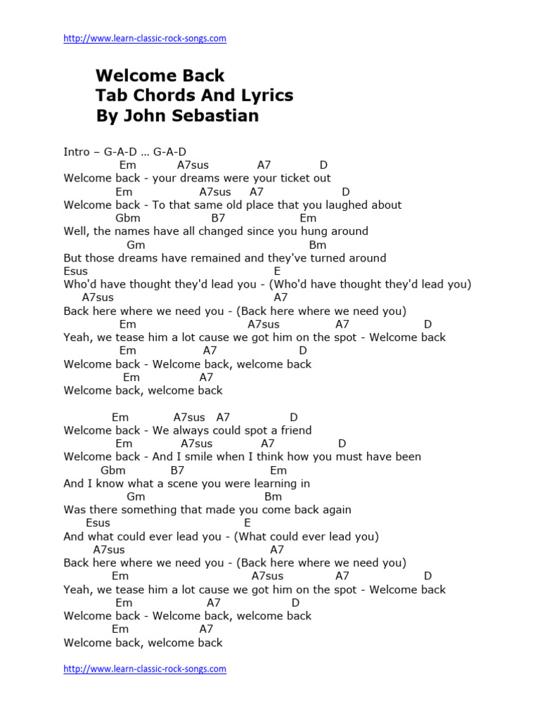 Welcome Back Tab by John Sebastian | PDF