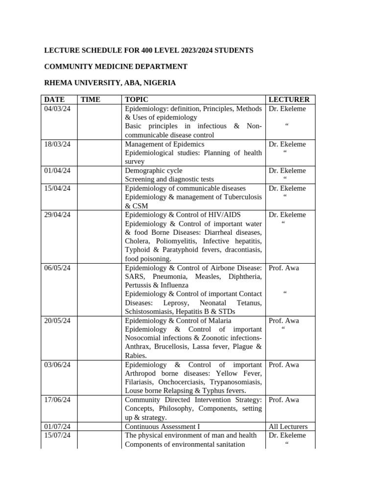 Lecture Schedule For 400 Level 2023 - Edited | PDF | Infection ...
