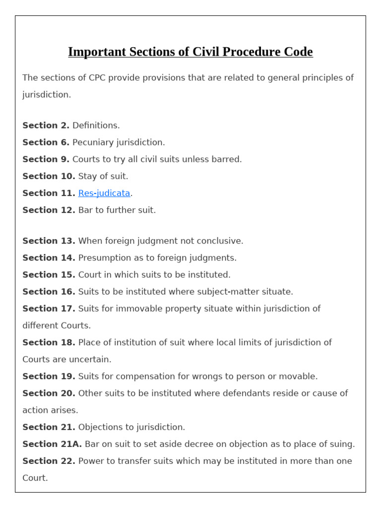 Important Sections of Civil Procedure Code | PDF | Lawsuit | Pleading