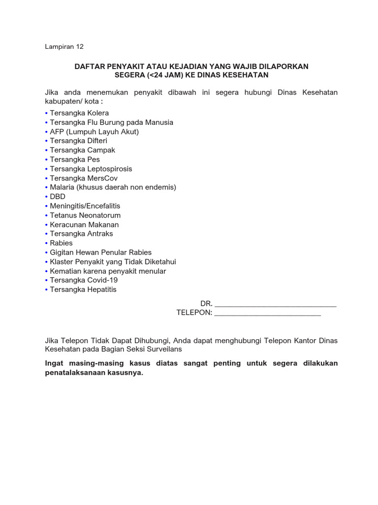 Lampiran 12 Daftar Penyakit Yang Harus Dilaporkan Dalam Waktu 24 Jam | PDF