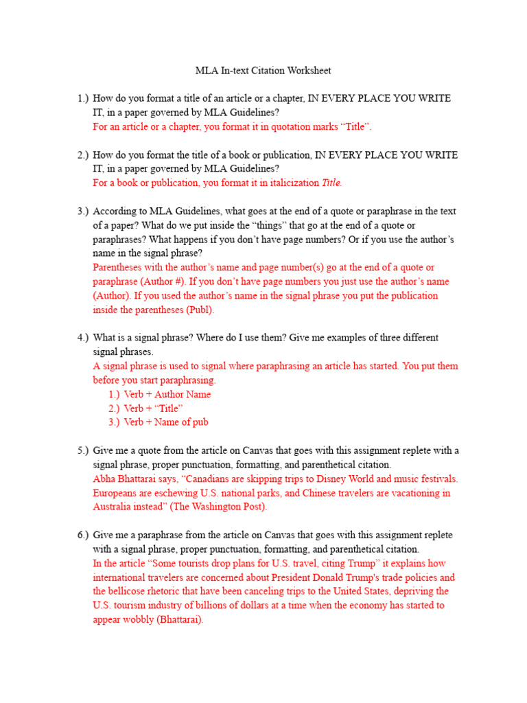 MLA In-Text Citation Worksheet | PDF | Citation | Writing