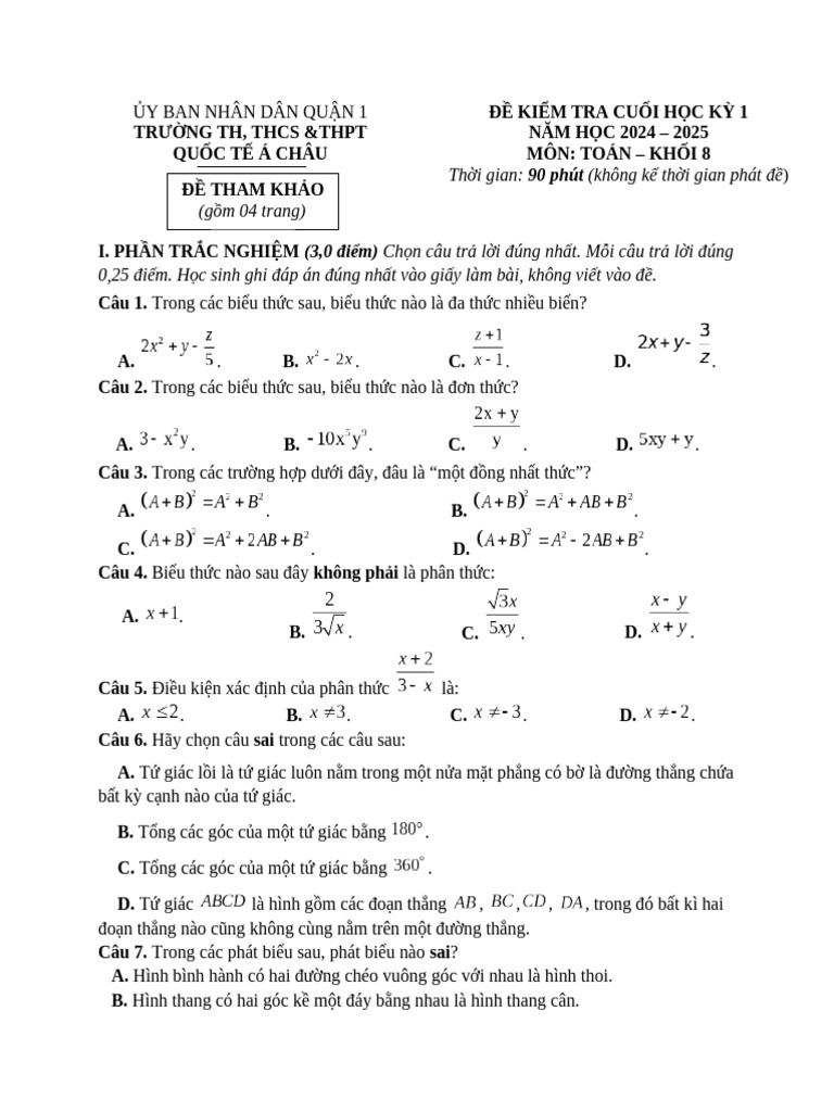De On Tap Toán 8 CK1 Q.1 24-25 | PDF