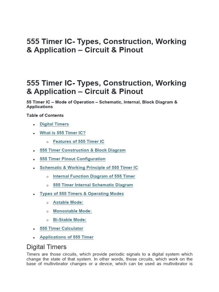 555 Timer Ic Types Construction Working And Application Circuit And Pinout Pdf