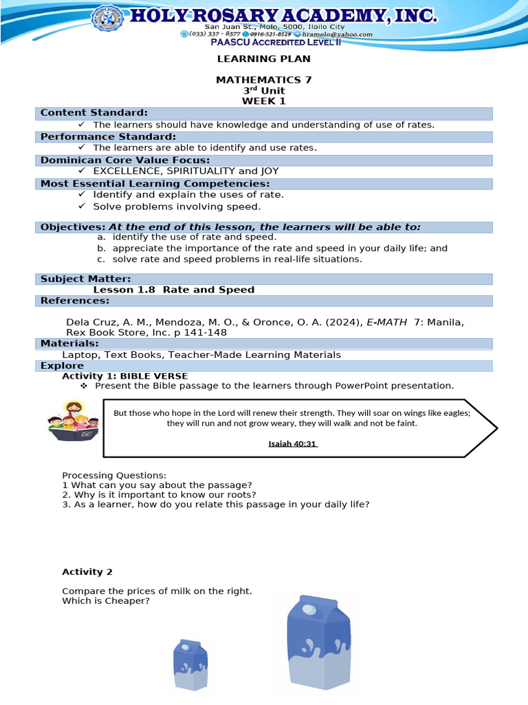 Mathematics 7: Rates and Speed Unit Plan | PDF | Speed | Learning
