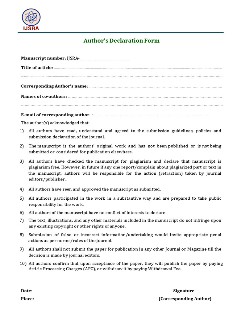 IJSRA Authors Declaration Form | PDF | Plagiarism