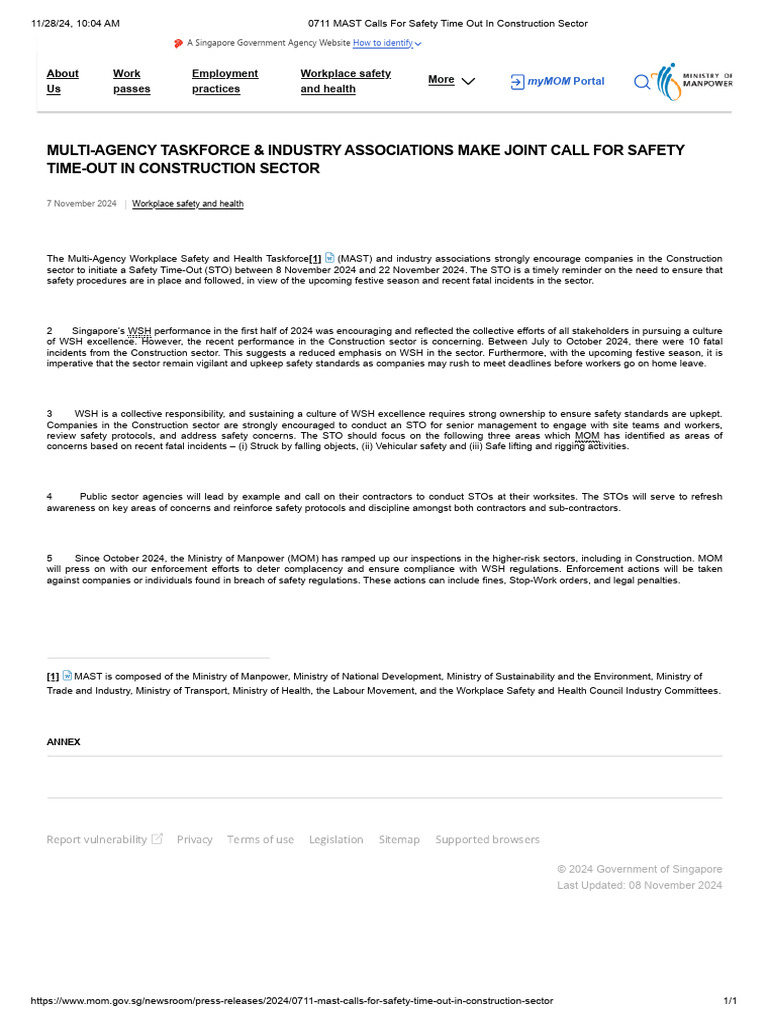 0711 MAST Calls For Safety Time Out in Construction Sector | PDF ...
