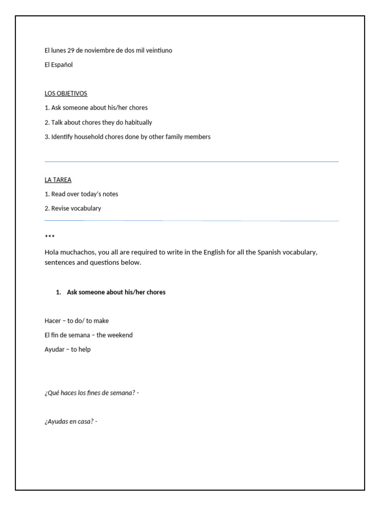Class Notes 2s - My Home Life - Chores - Family Home Routine | PDF