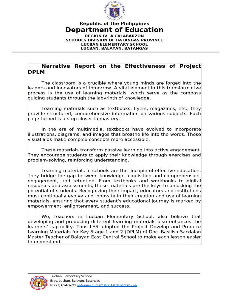 Narrative Report On The Effectiveness of Project DPLM | PDF | Learning ...