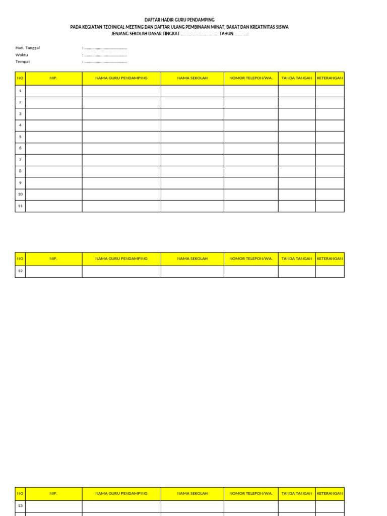 Contoh Format Daftar Hadir Techmeet | PDF