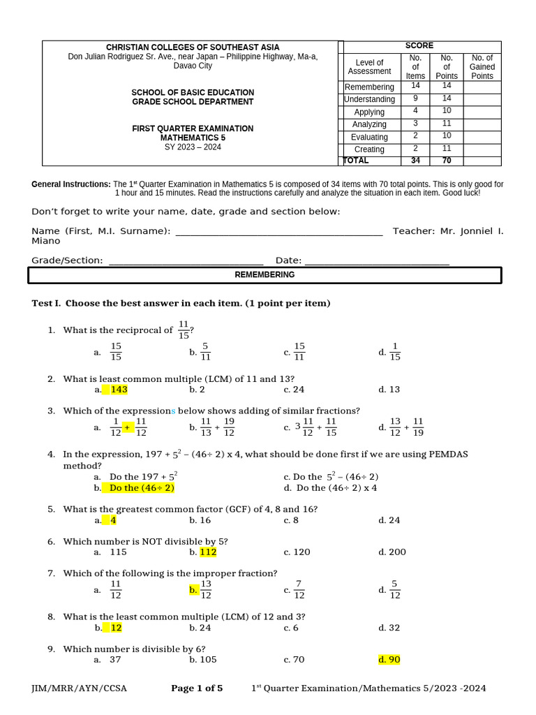 Approved Mathematics 5 TQ (1st Quarter, S.Y. 2023 - 2024) Miano, J ...