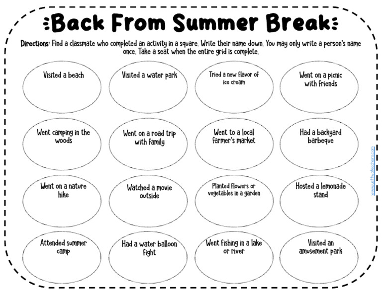 Back From Summer Break Bingo | PDF