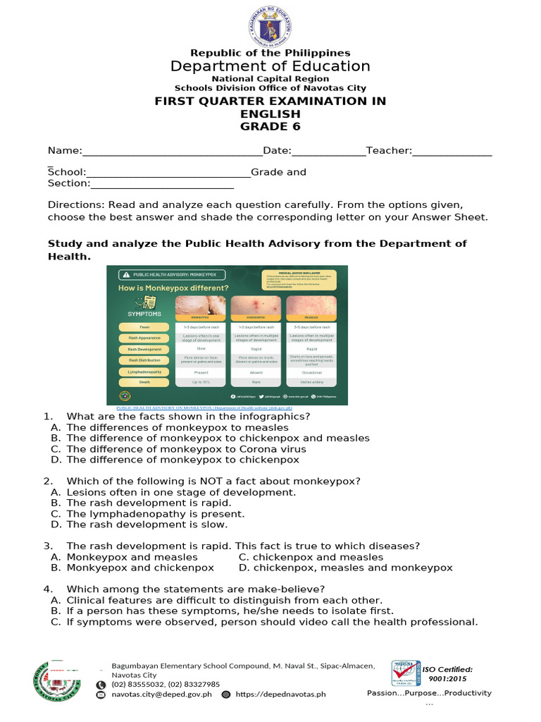 VERSION 2 - GR6 - English - First Quarter Examination | PDF | Measles