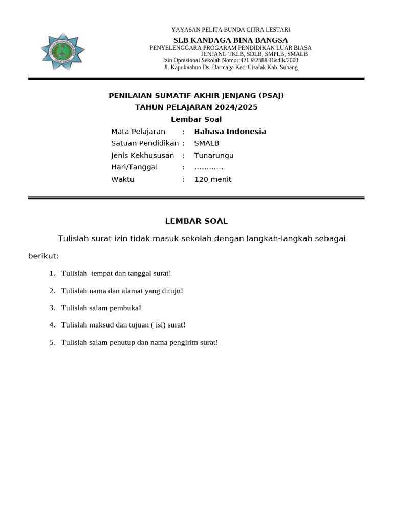 Soal B. Indo Kinerja SMALB-B'25 | PDF