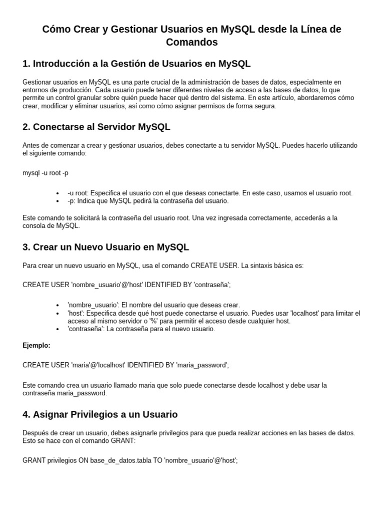 Cómo Crear y Gestionar Usuarios en MySQL desde la Línea de Comandos | PDF | Mi sql | Contraseña