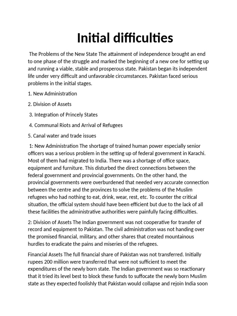 CHAPTER 11 PAKISTAN STUDIES .INITIAL DIFFICULTIES | PDF | Pakistan | Partition Of India