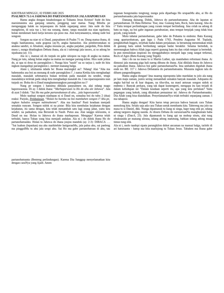 Khotbah 02 Februari Mazmur 71-1-6 Tuhan Batu Karang Dan Perlindungan | PDF