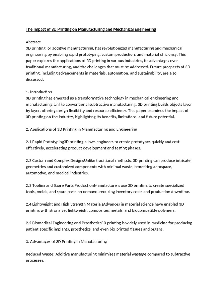 The Impact of 3D Printing On Manufacturing and Mechanical Engineering ...
