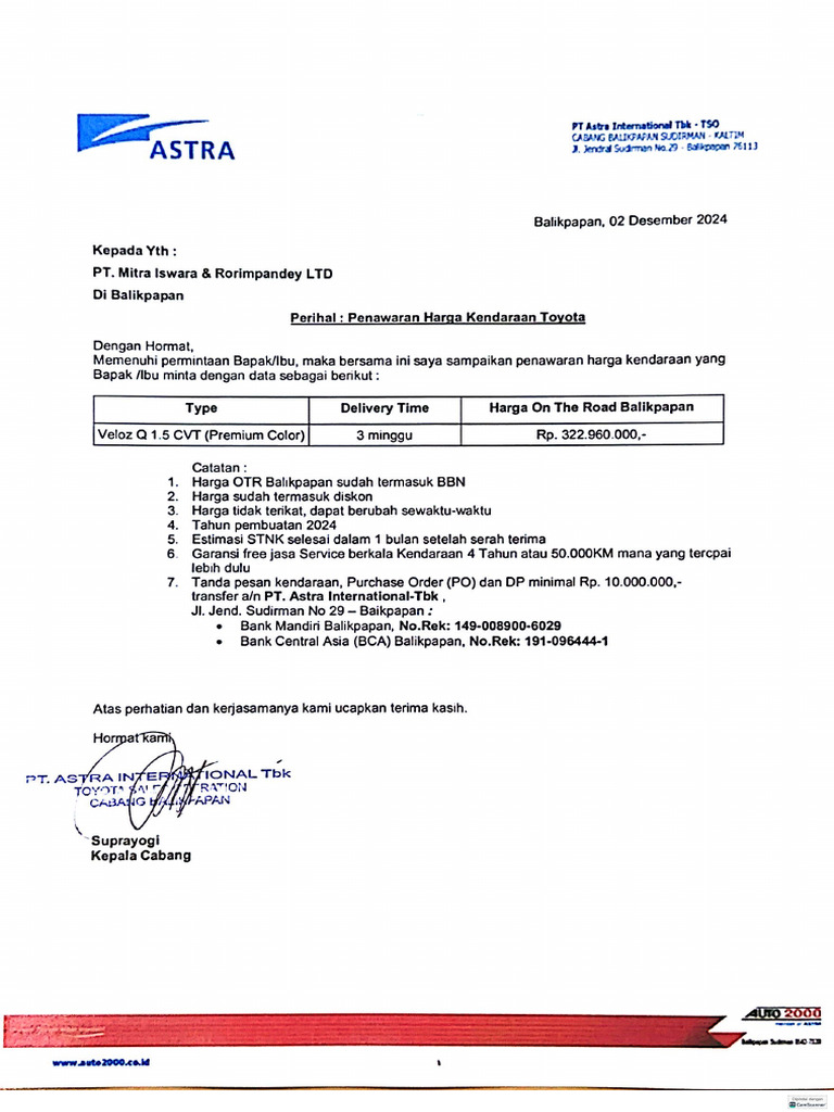 Penawaran Veloz - PT. Mitra Iswara & Rorimpandey | PDF