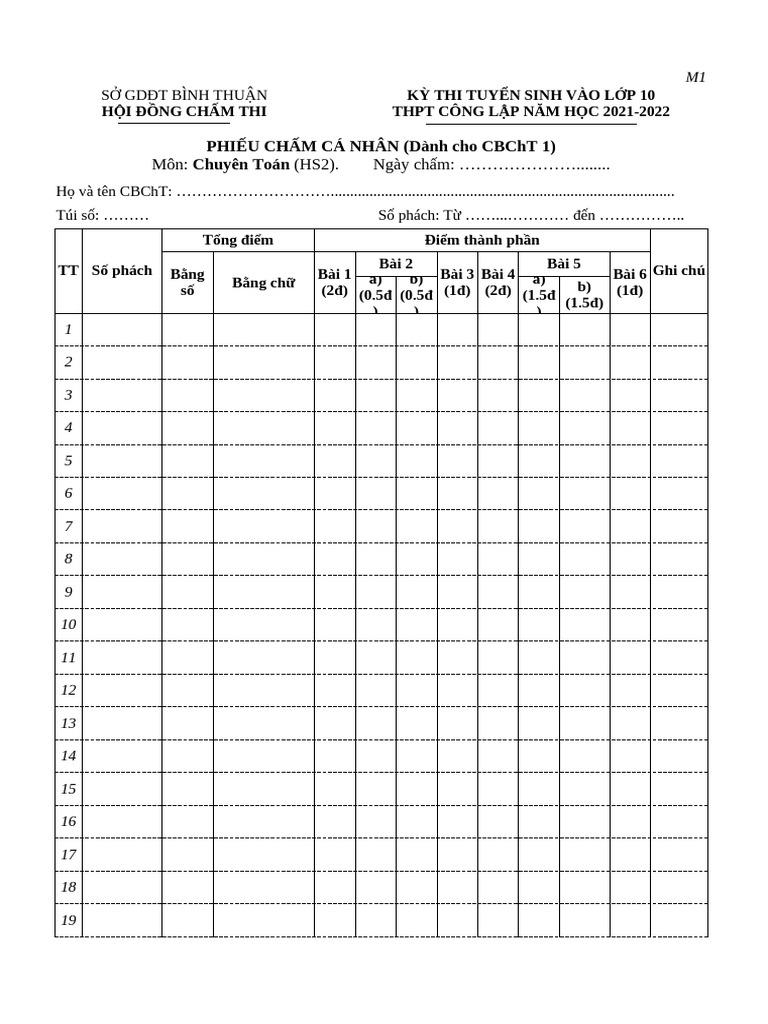 Toan - HS2 - Phieu Cham TS 10 2021 | PDF