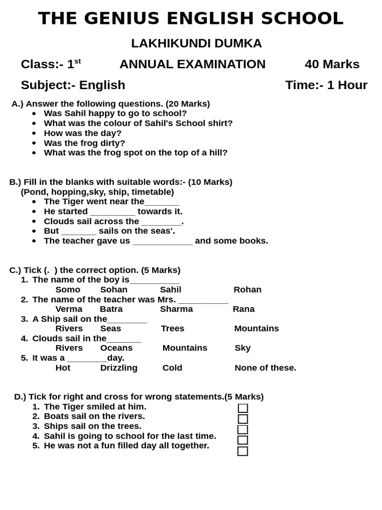 Class 1 English Grammar | PDF