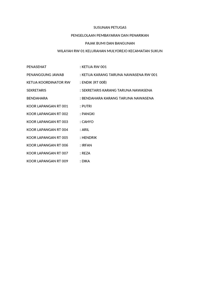 STRUKTUR ORGANISASI PENARIKAN PBB RW 001 | PDF