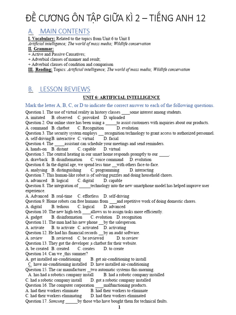 Đề Cương Tiếng Anh 12 GK2 - LTT | PDF | Bullying | Overfishing