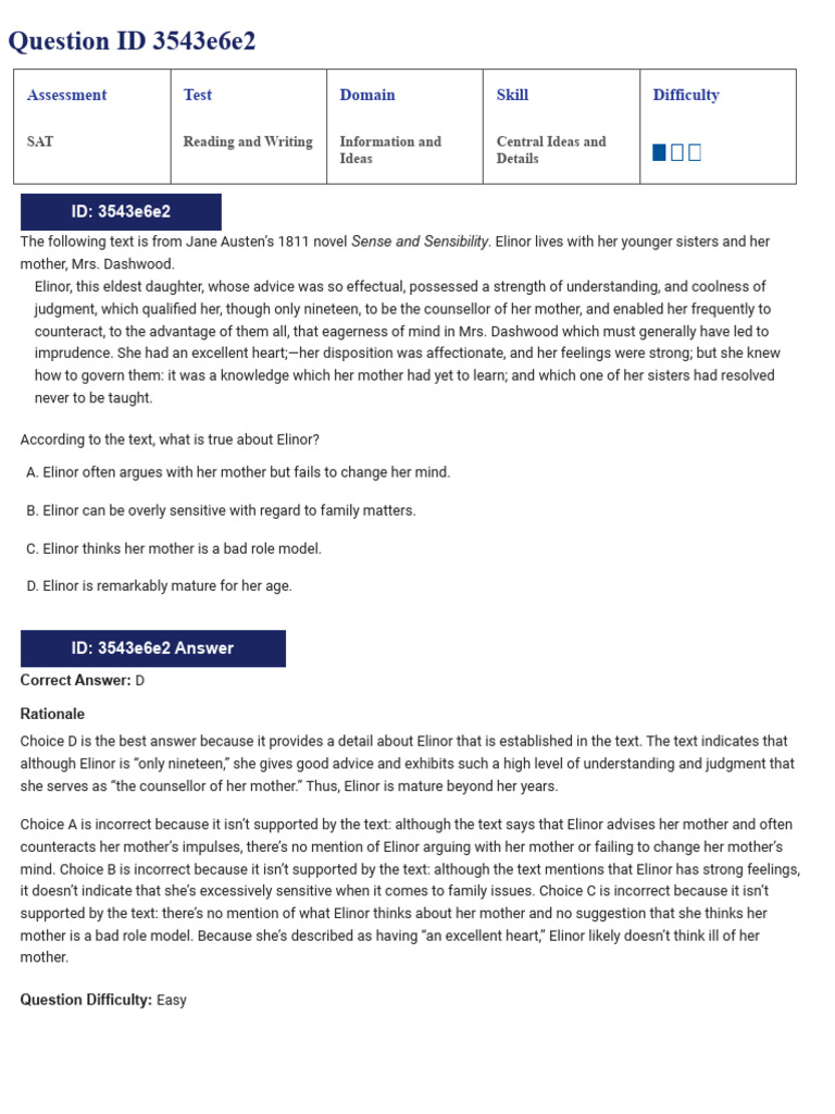 SAT Main Idea Questions - EASY (Answers) | PDF | Elinor Dashwood | Odor