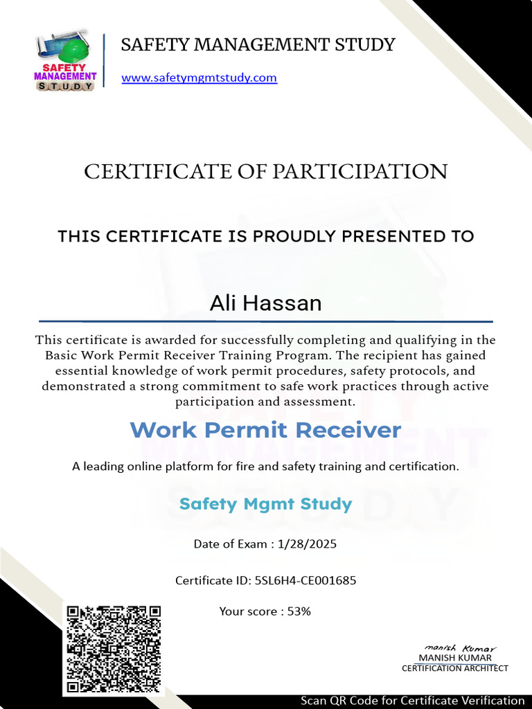 Certificate For Ali Hassan For - Work Permit Receiver | PDF