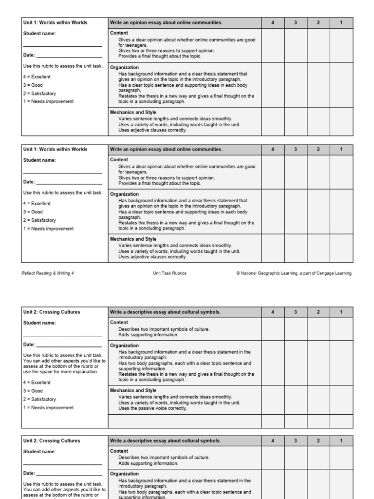 Reflect Rw4 Unit Task Rubrics p2 0 | PDF | Sentence (Linguistics) | Essays