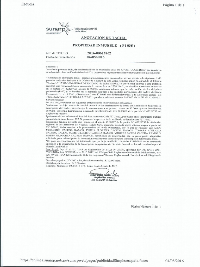 RZ - Esquela de Tacha Título Dr. Quevedo 1 | PDF