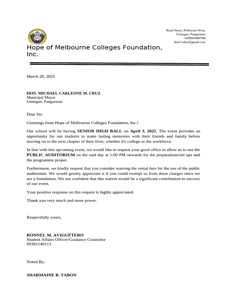 Request Letter For Auditorium | PDF