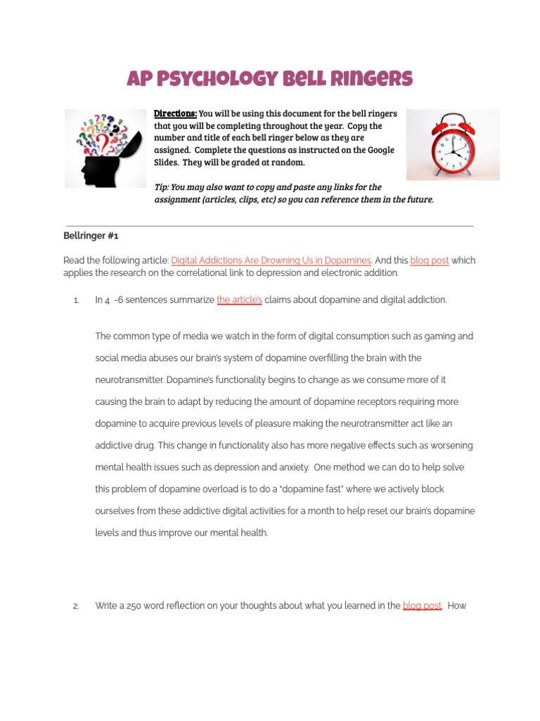 AP Psychology Bellringers 2024 (Fall) | PDF | Dopamine | Anxiety