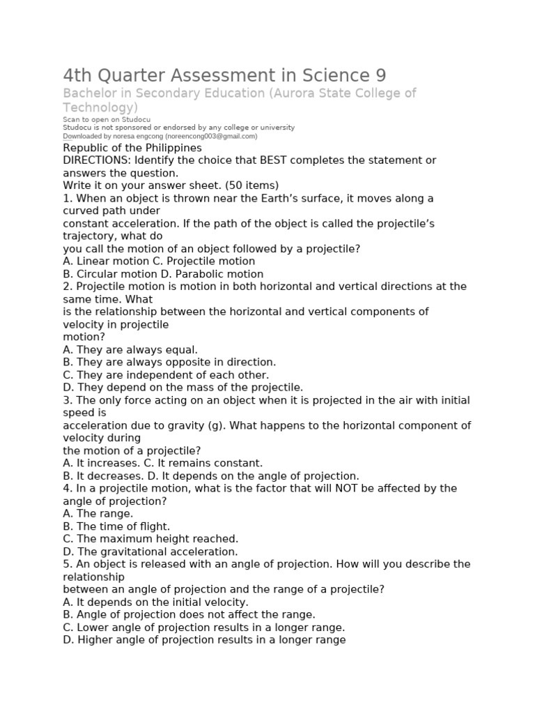 4th Quarter Assessment in Science 9 | PDF | Momentum | Electric Power ...