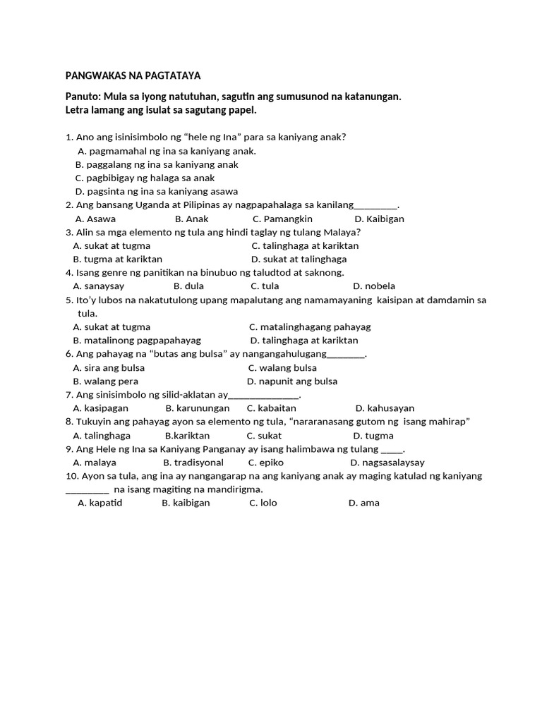 q3 Pangwakas Na Pagtataya Filipino 10 Tula | PDF
