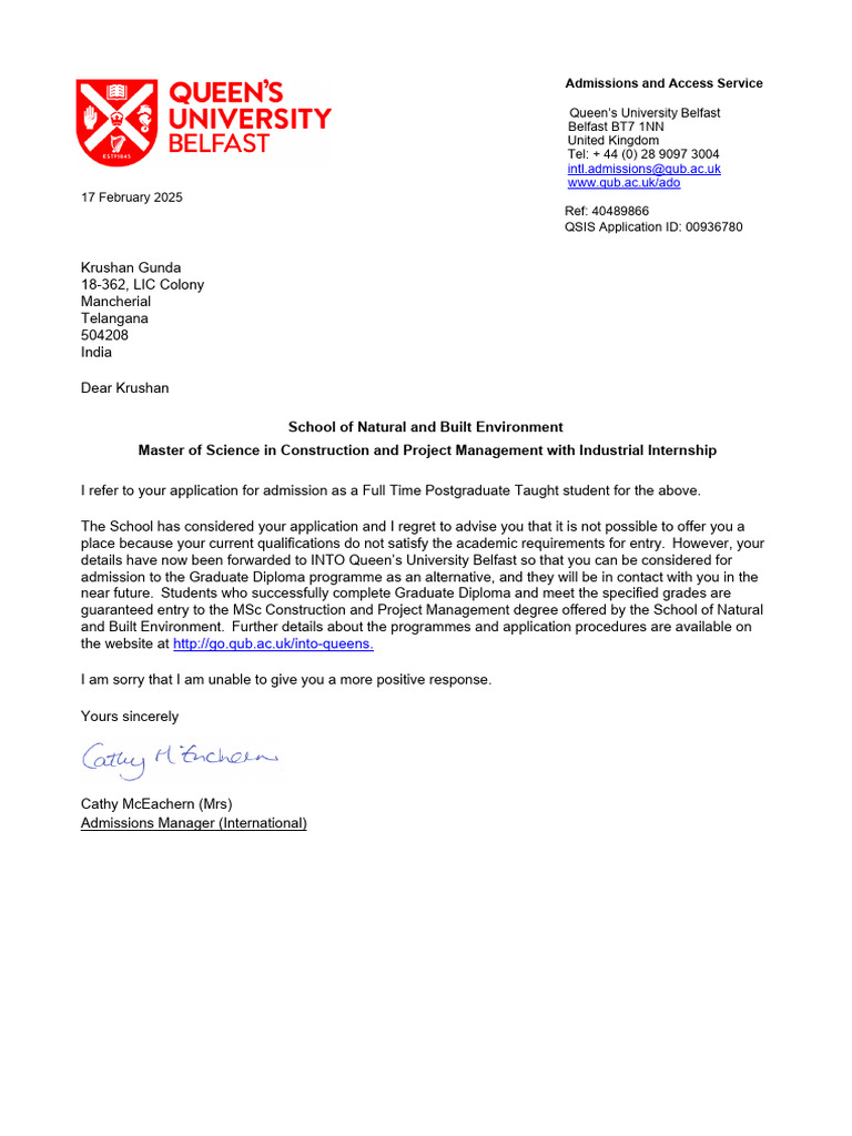 Queen's Rejection Letter | PDF