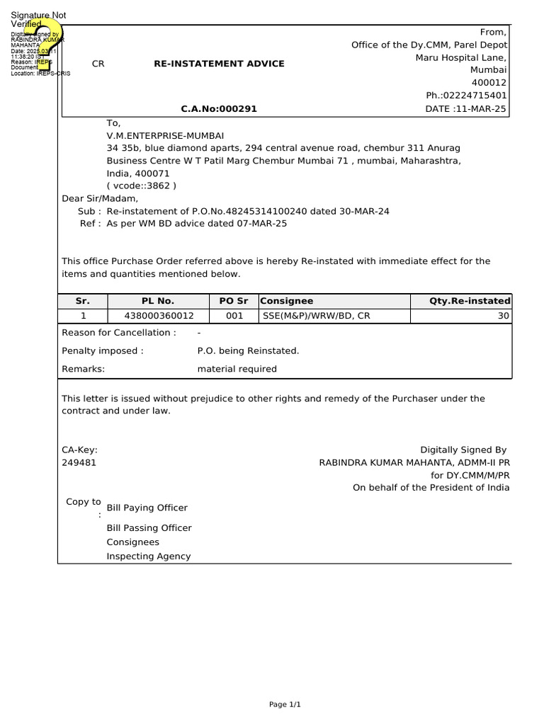 Purchase Order Reinstatement Notice | PDF