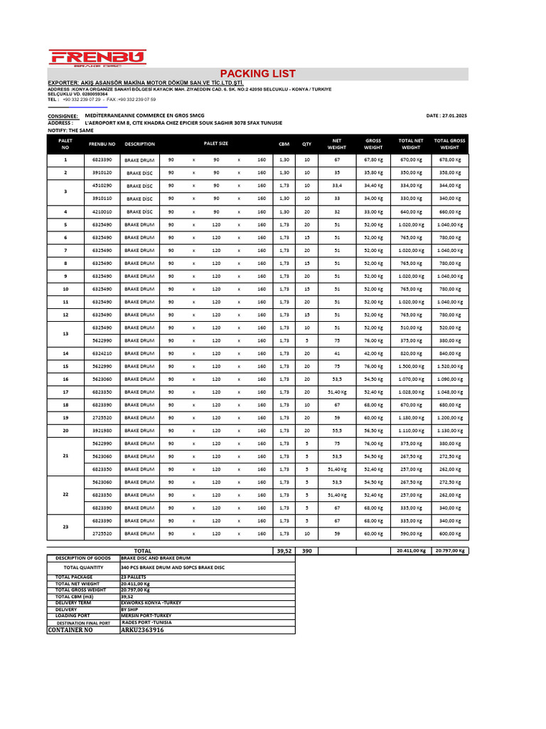PACKINGLIST Mediterraneanne Commerce en Gros SMCG | PDF | Vehicle Technology | Vehicles