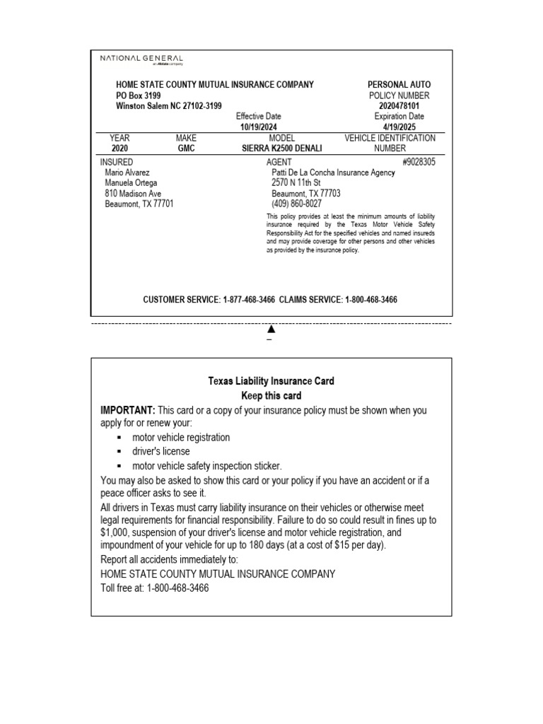 Texas Liability Insurance Card | PDF | Insurance | Driver's License