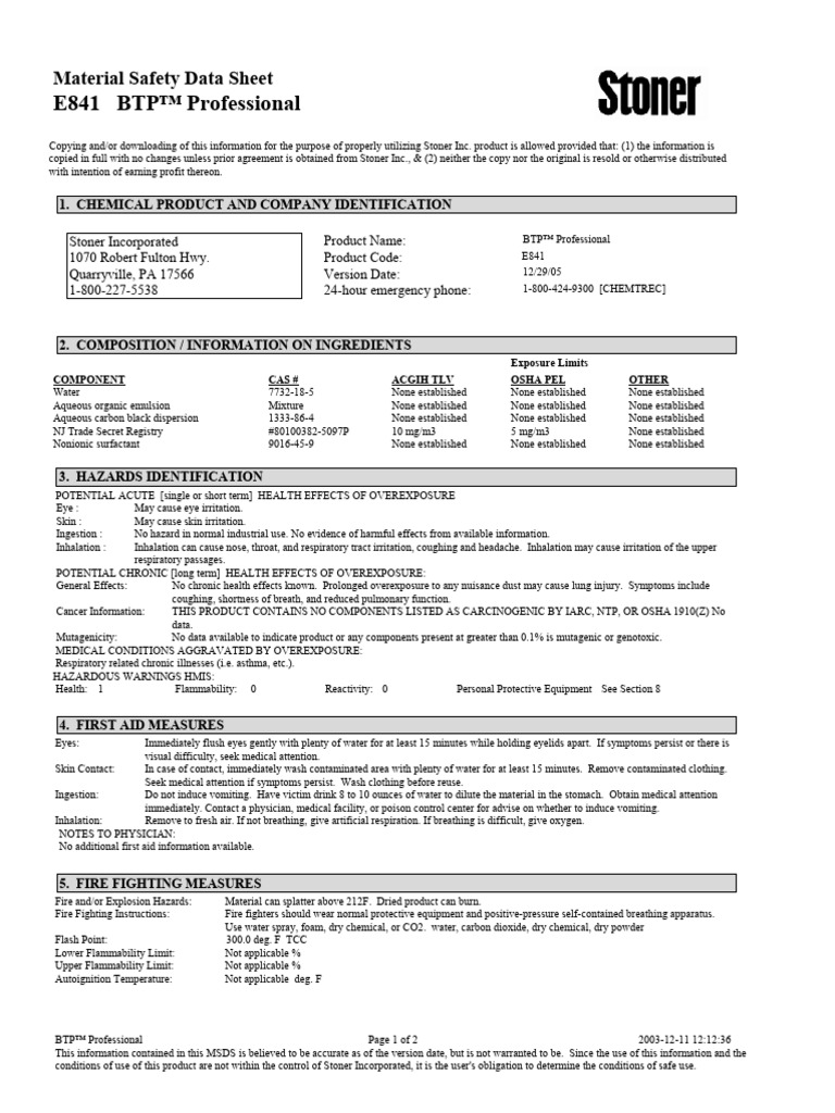 MSDS STOE8415 STOE84155 Black Tire Paint Professional | PDF | Personal ...
