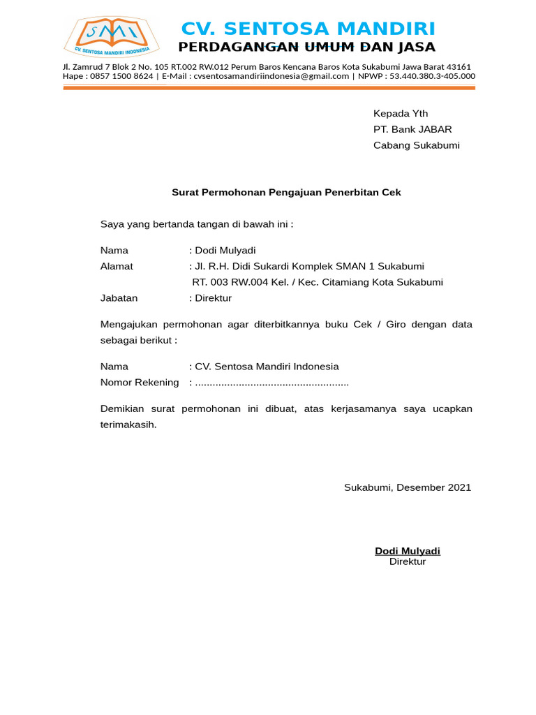 Surat Permohonan Penerbitan Cek Csmi | PDF